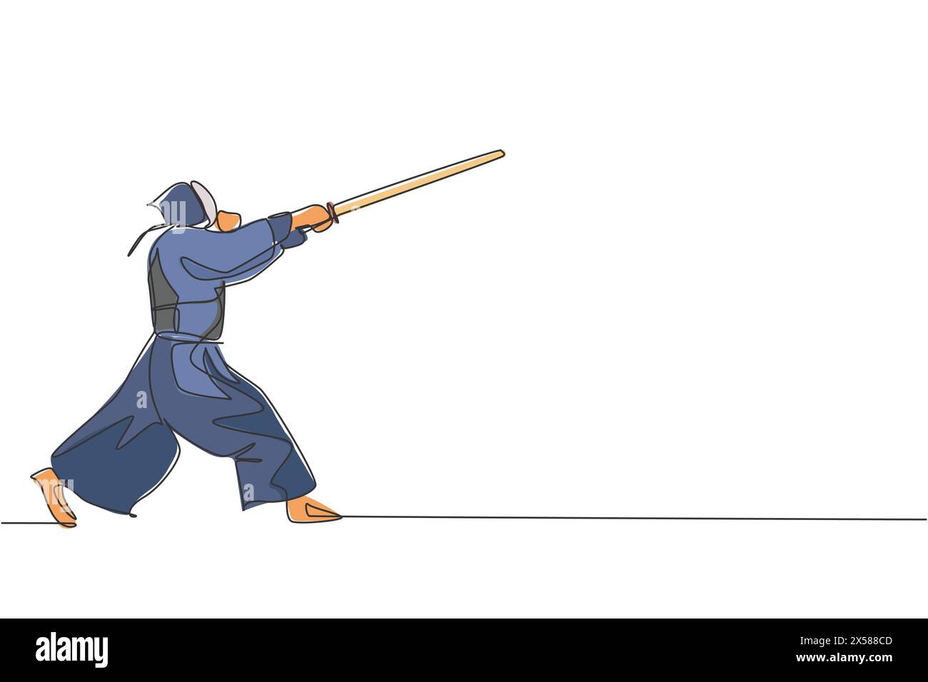 One single line drawing of young energetic man exercise attack kendo ...