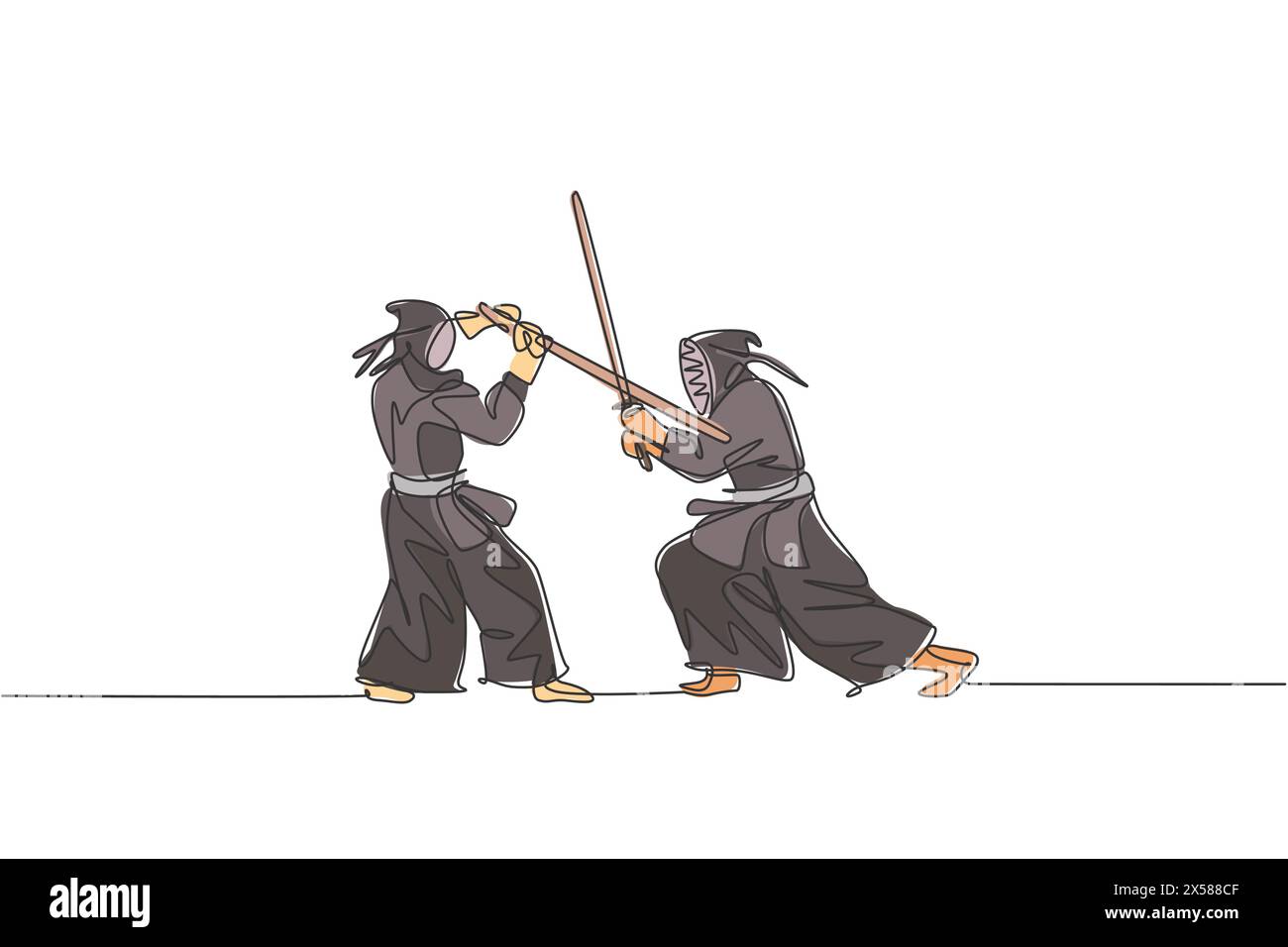 One continuous line drawing of two young sporty men fighting skill on ...