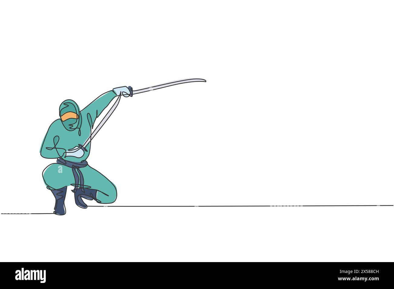 One continuous line drawing of young brave Japanese ninja character on ...