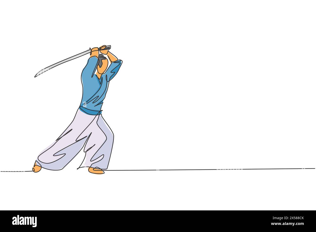One continuous line drawing of young bravery samurai warrior pose ready ...