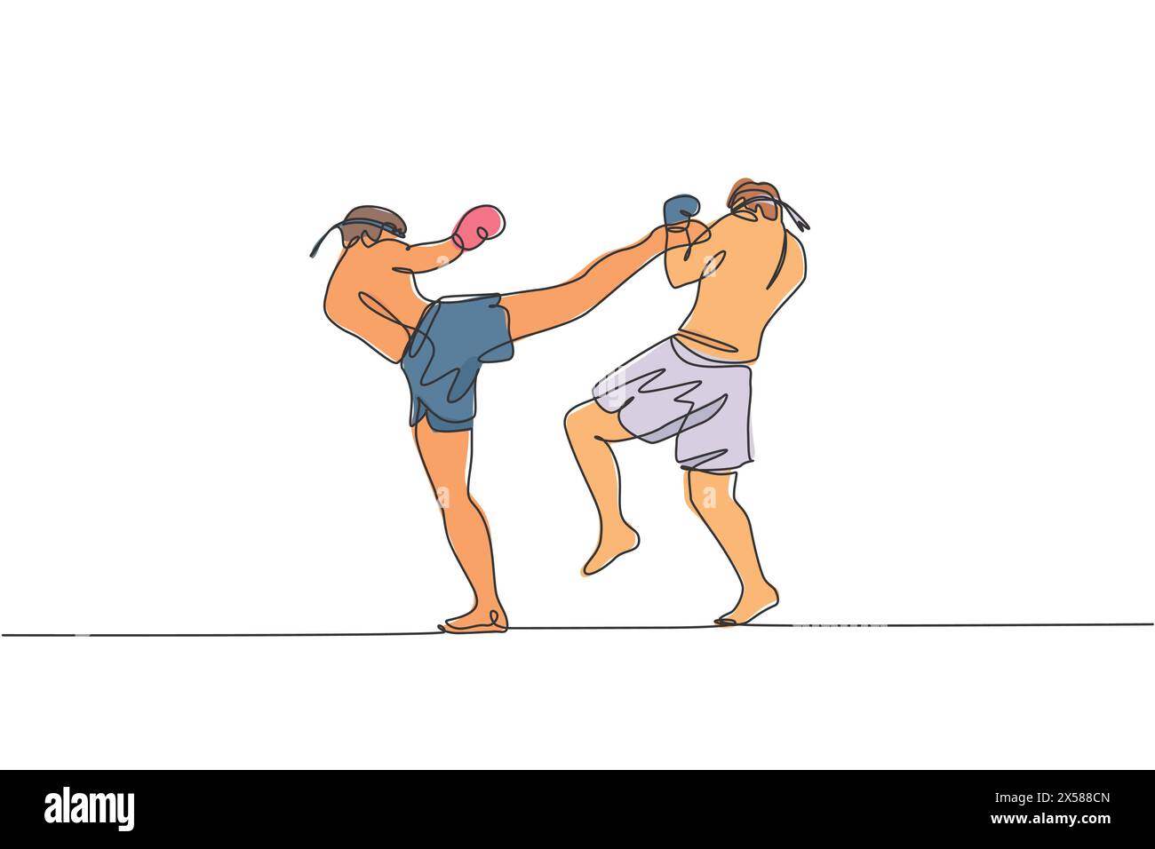 Single continuous line drawing of two young sportive men training thai ...