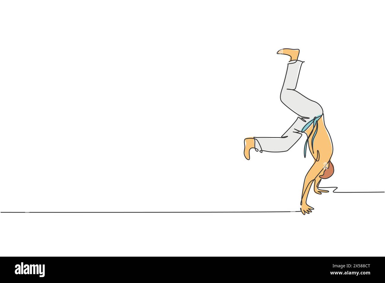 One single line drawing of young energetic man capoeira dancer perform dancing fight vector ...