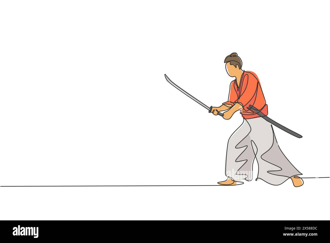 One continuous line drawing of young bravery samurai warrior pose ready ...