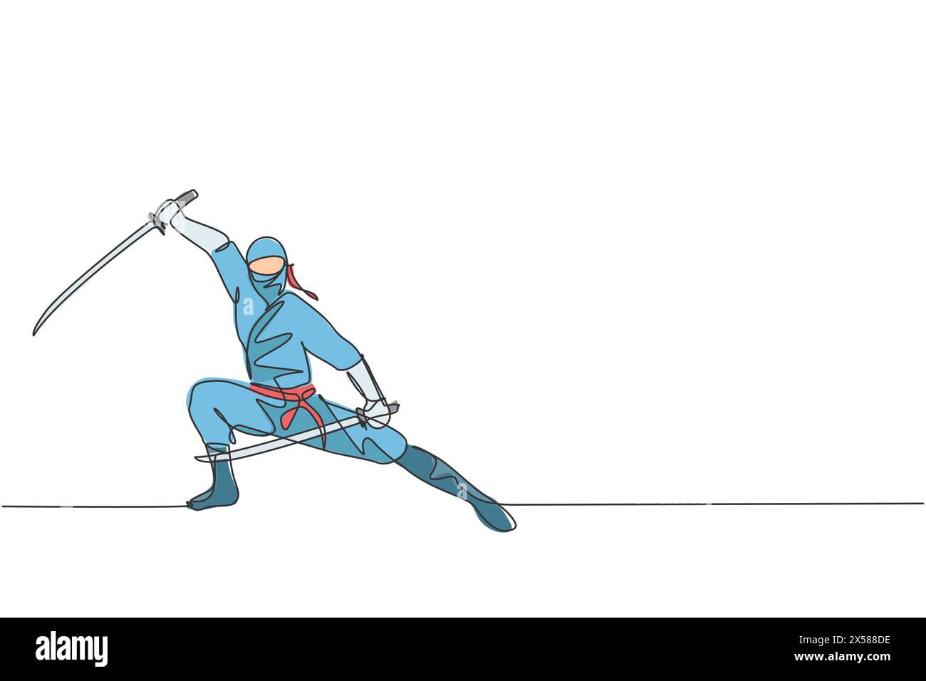 One continuous line drawing of young brave Japanese ninja character on ...