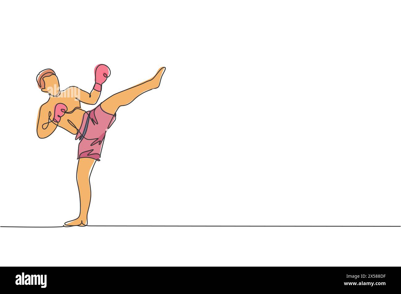One single line drawing of young energetic man kickboxer practice high ...