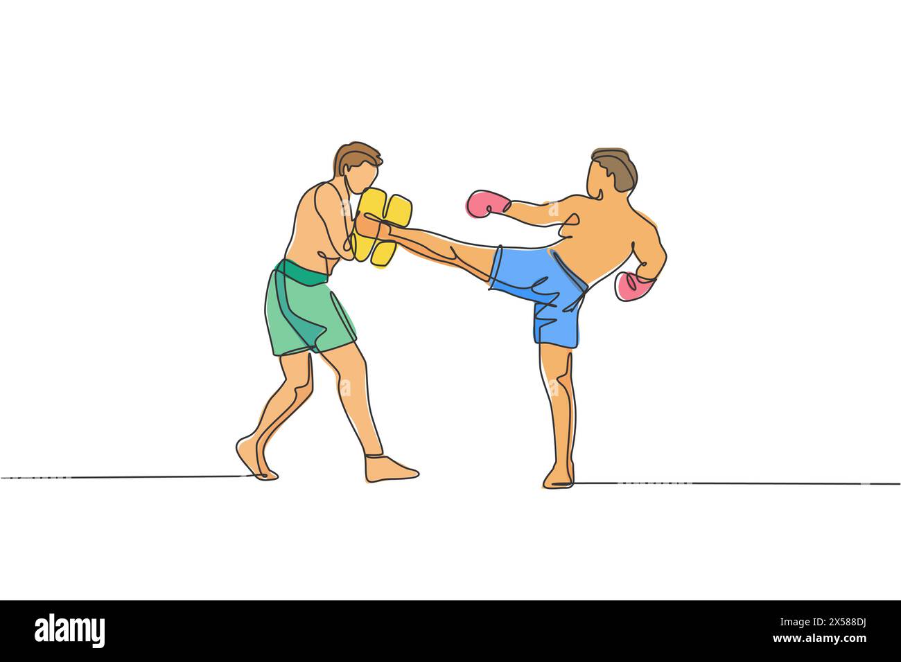 Single continuous line drawing of young sportive man kickboxer exercise ...