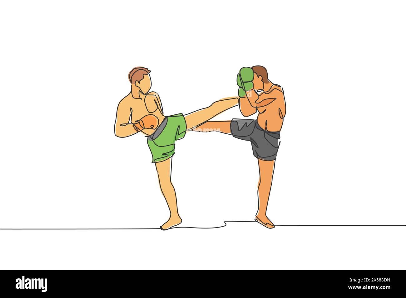 One continuous line drawing of young sporty man kickboxer athlete fight ...