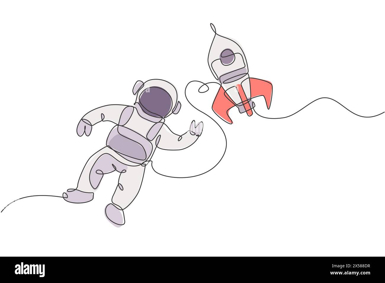 One single line drawing of astronaut in spacesuit floating and ...