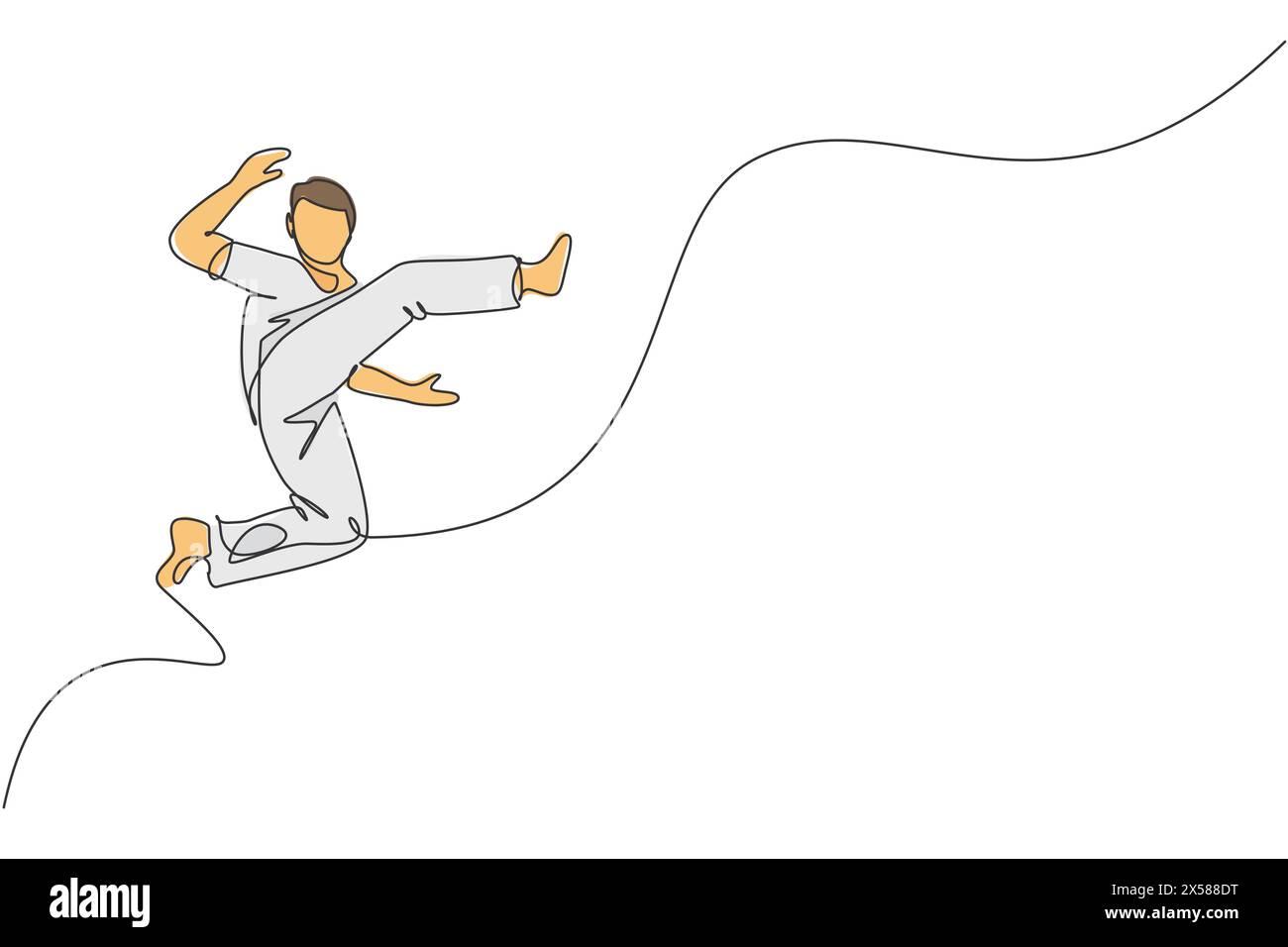 One single line drawing of young energetic man capoeira dancer perform dancing fight vector ...