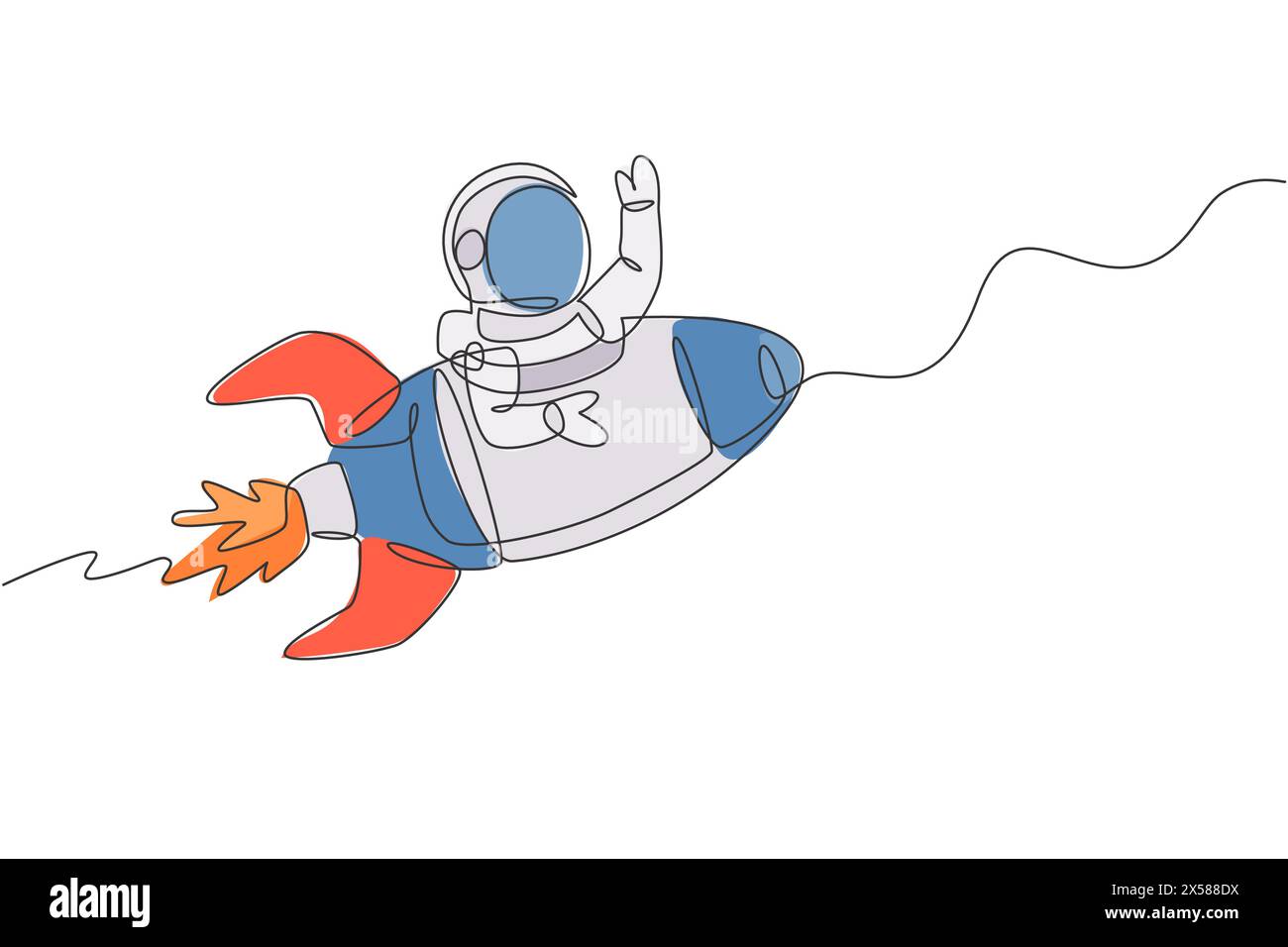 Single Continuous Line Drawing Of Astronaut In Spacesuit Waving Hand At Outer Space With Rocket