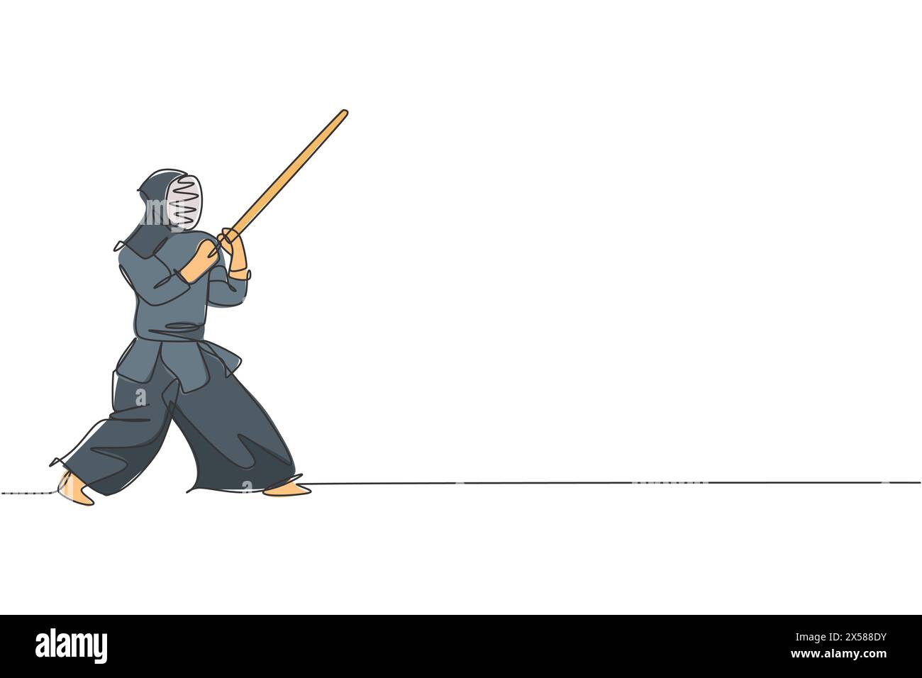 One continuous line drawing young sporty man training kendo defense ...