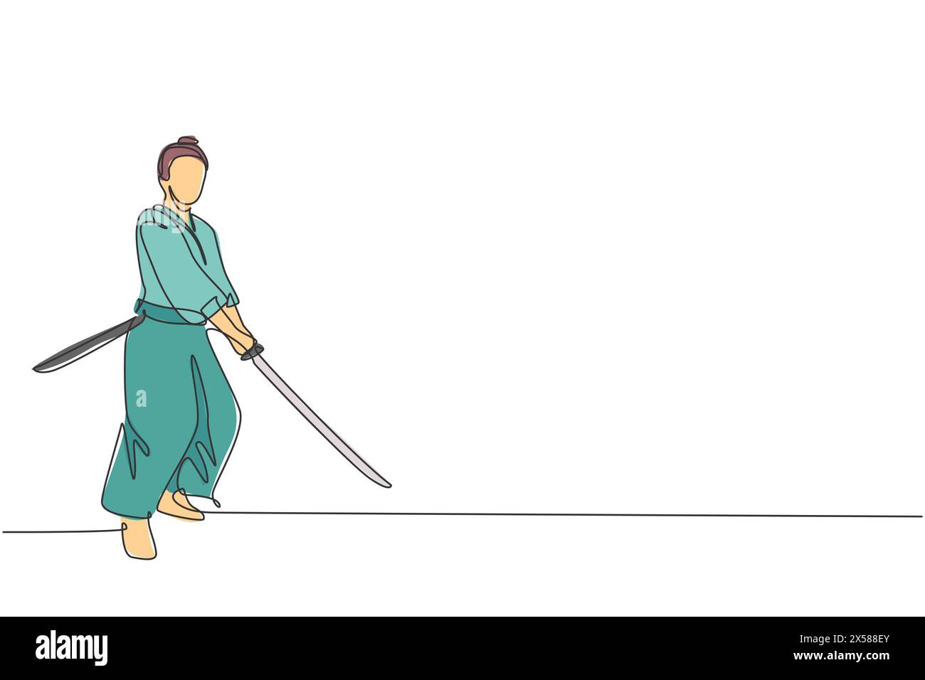 Single continuous line drawing of young strong samurai warrior wearing ...