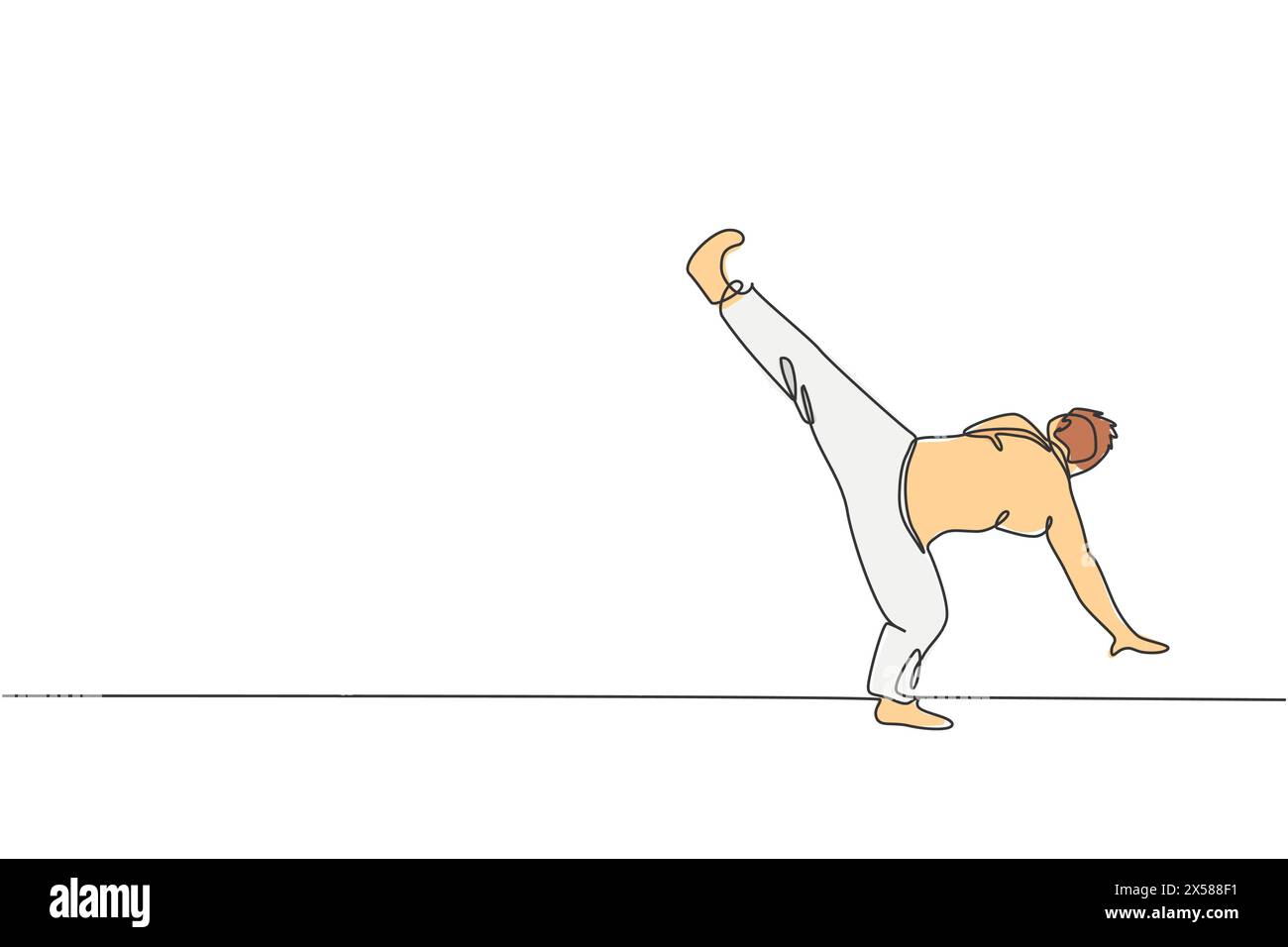 One single line drawing of young energetic man capoeira dancer perform dancing fight graphic ...