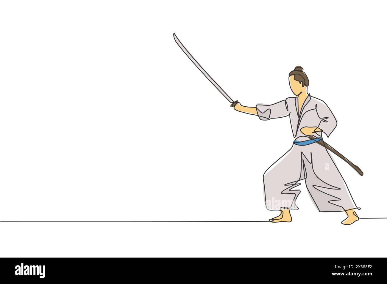 One continuous line drawing of young bravery samurai warrior pose ready ...