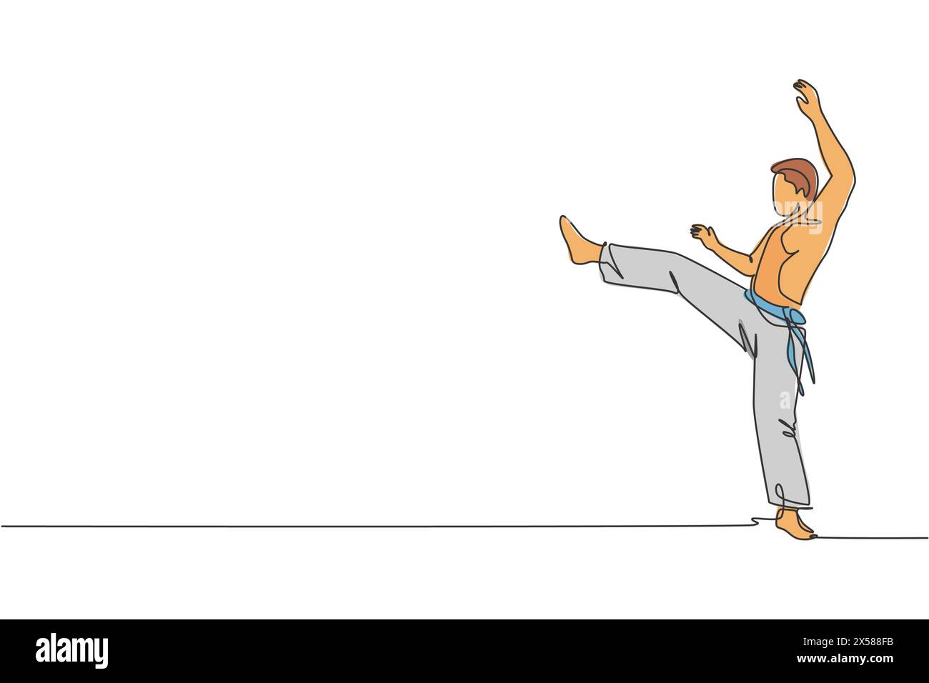 One single line drawing of young energetic man capoeira dancer perform dancing fight vector ...