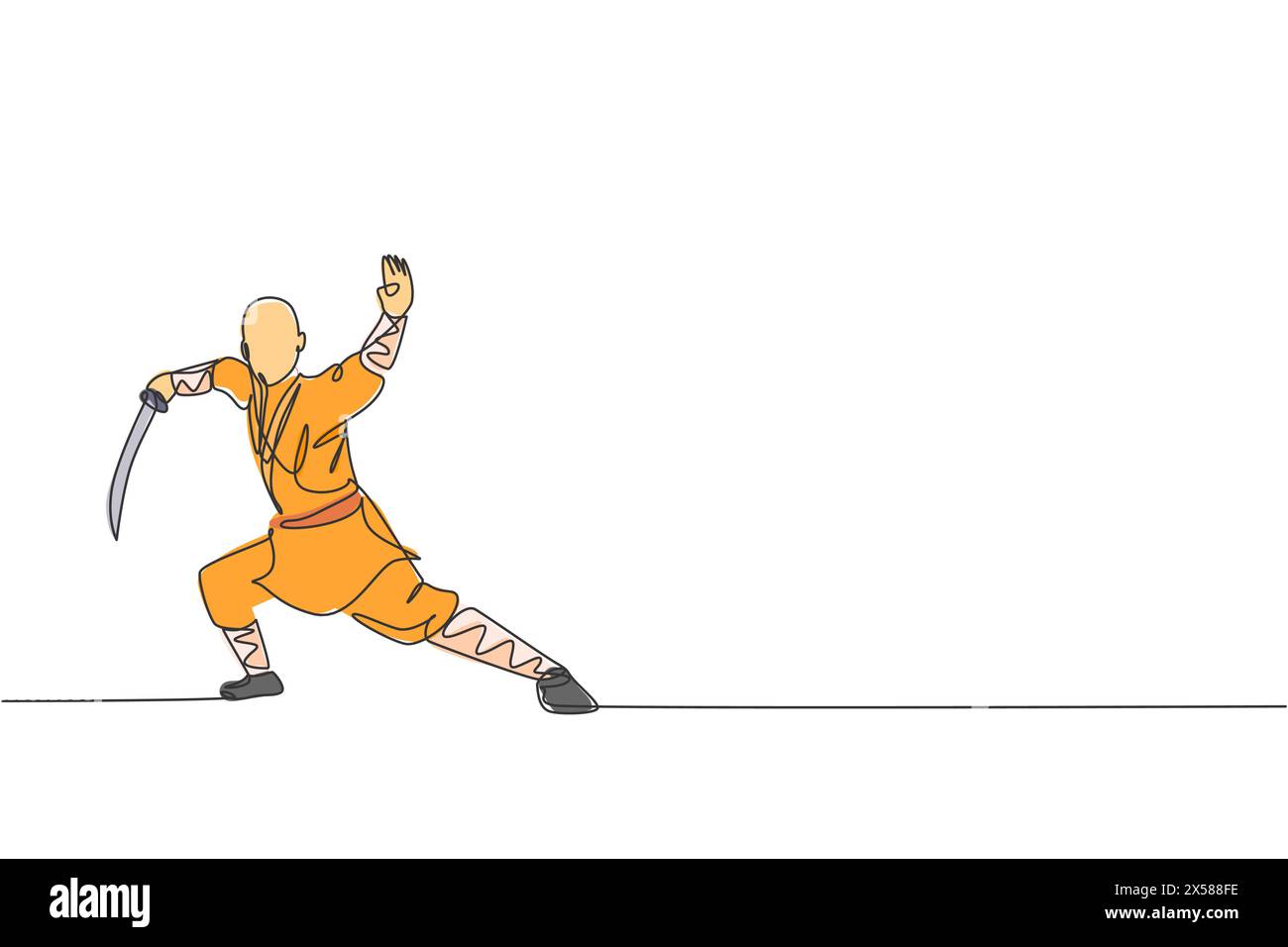 One single line drawing of young energetic shaolin monk man exercise ...