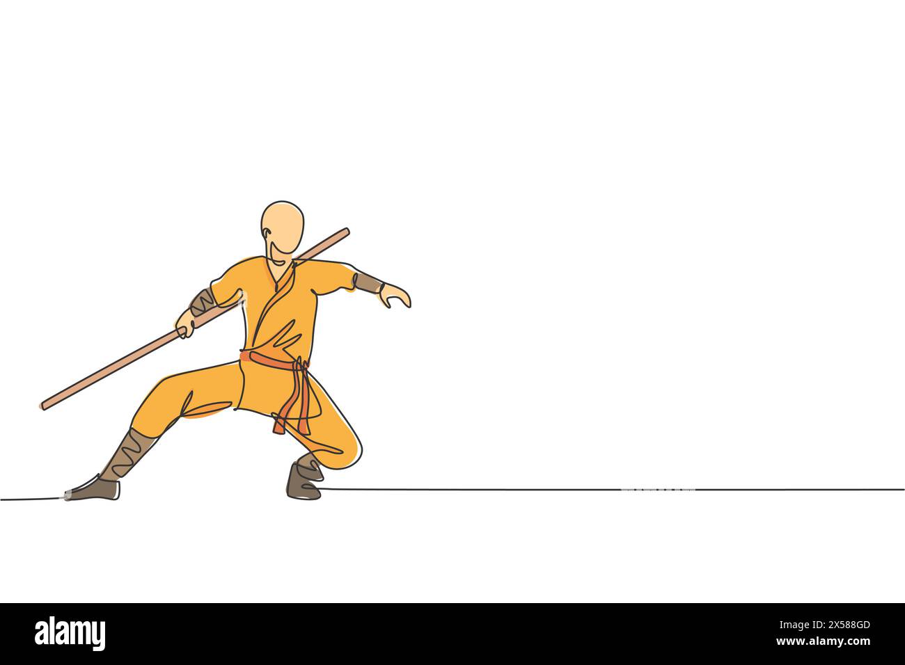One continuous line drawing of young shaolin monk man practice kung fu ...