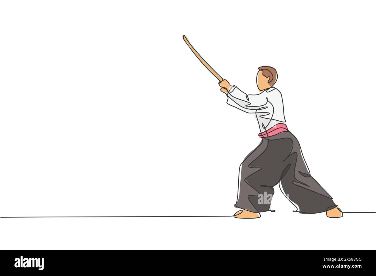 Single continuous line drawing of young sportive man wearing kimono ...