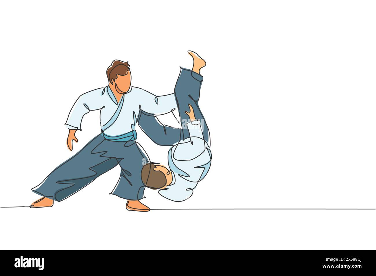 Single continuous line drawing of two young sportive men wearing kimono ...