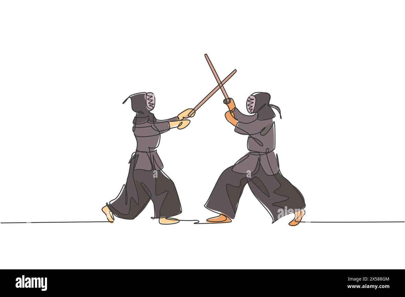 One continuous line drawing of two young sporty man training kendo ...