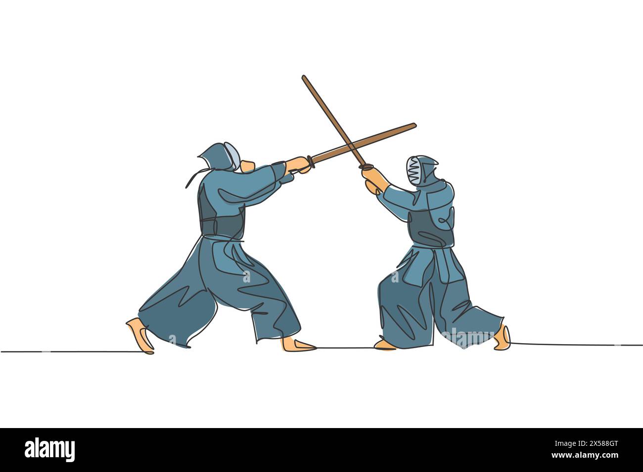 One continuous line drawing two young men fighting to get kendo ...