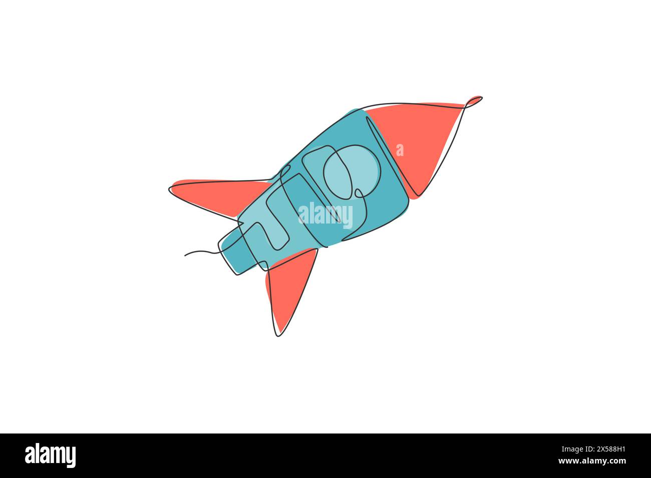 One single line drawing of simple vintage rocket takes off into the ...