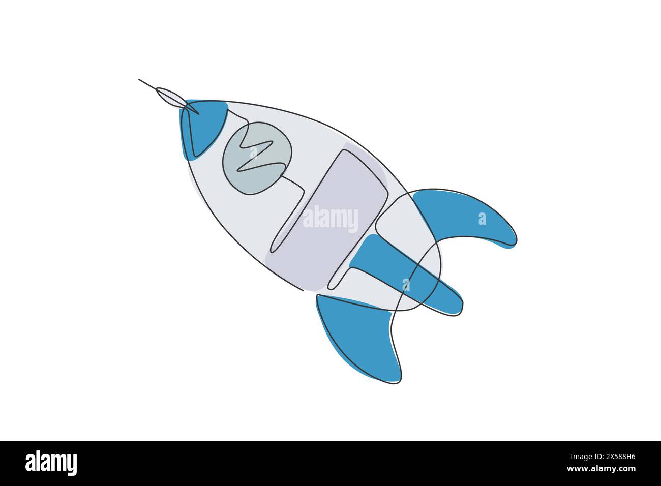 Single continuous line drawing rocket launch fly into the sky universe ...