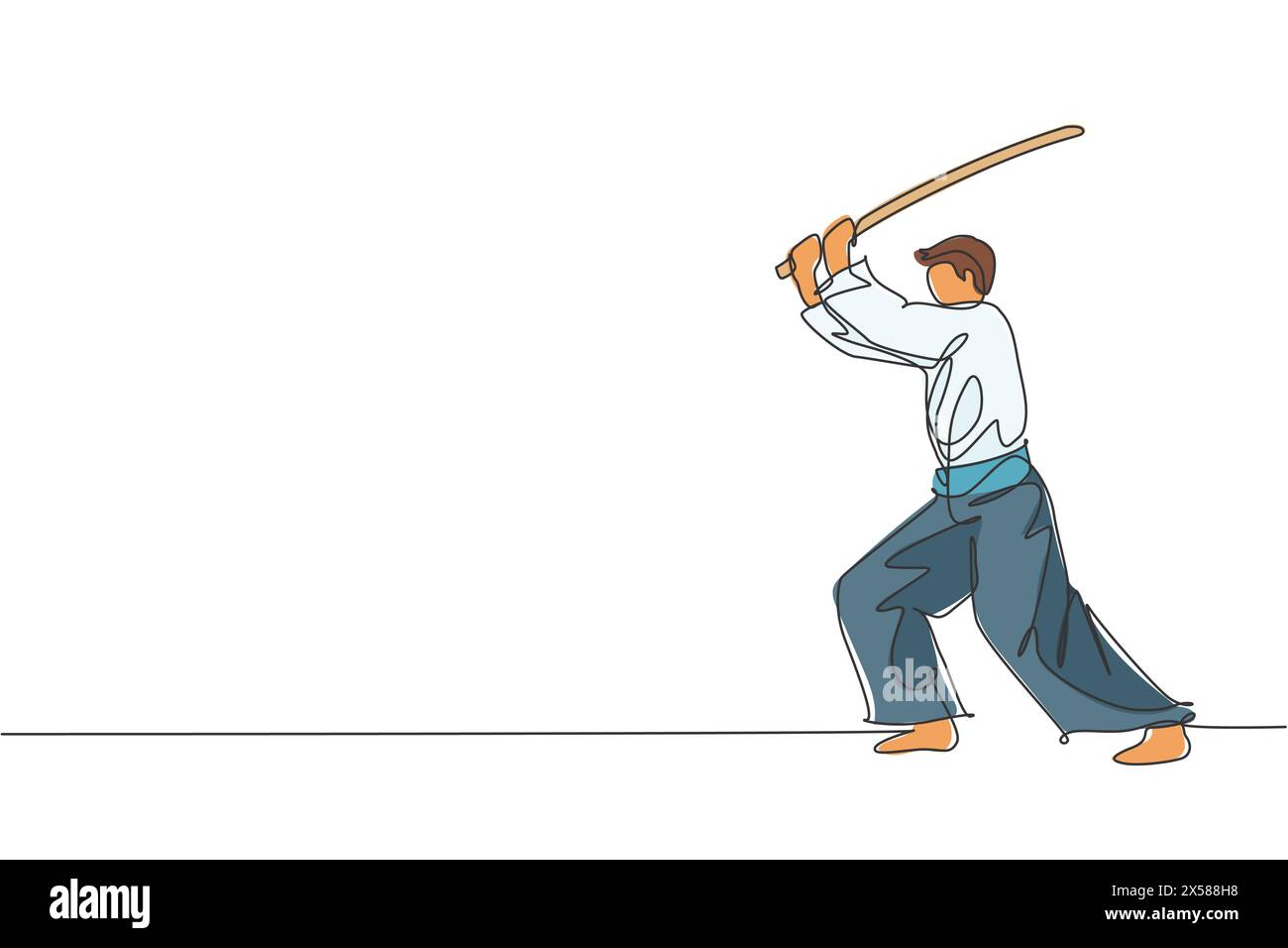 One continuous line drawing of young man aikido fighter practice ...
