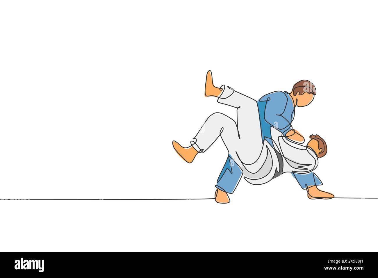 One continuous line drawing of two young sporty men training judo ...