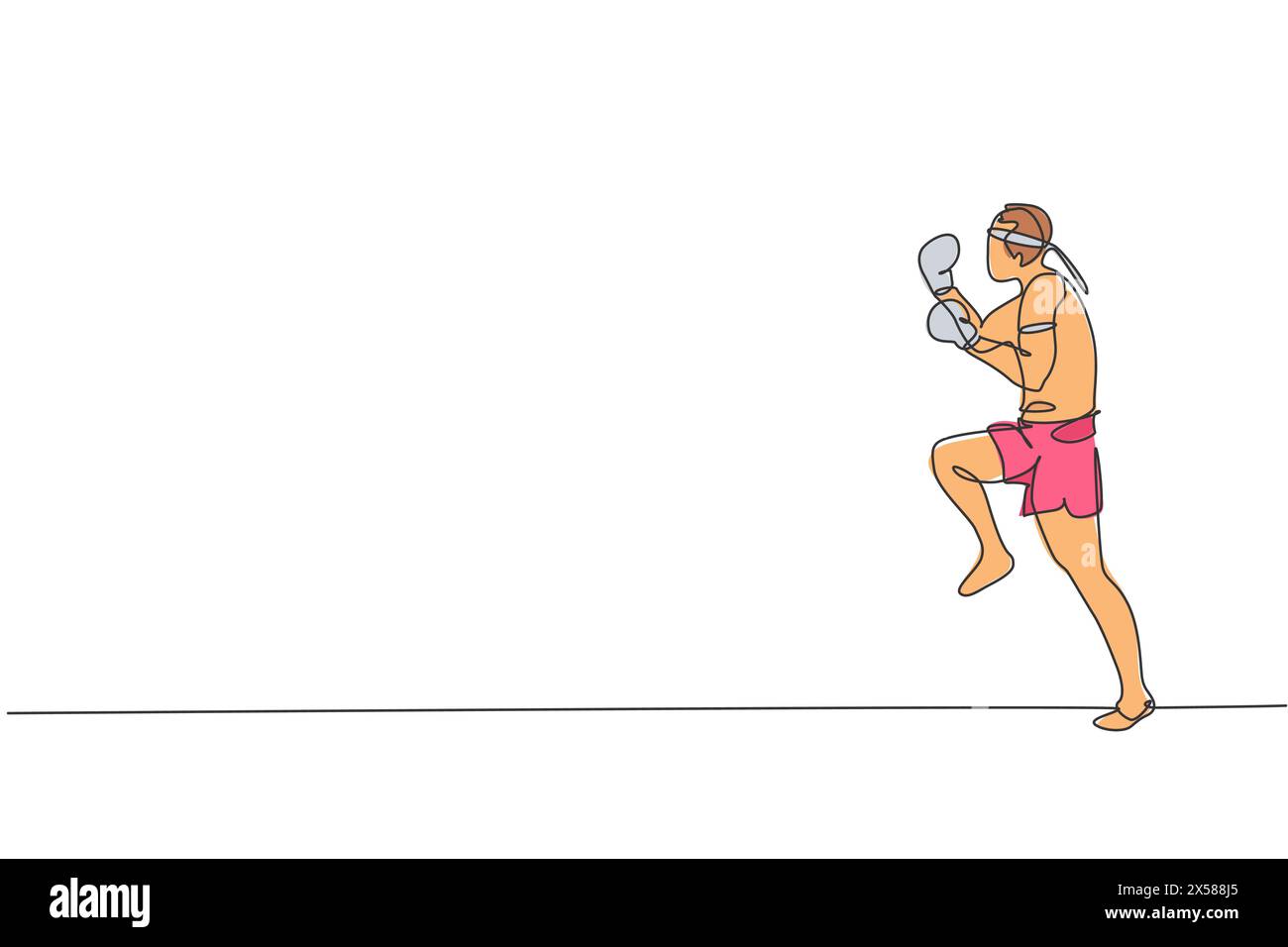 One continuous line drawing of young sporty muay thai boxer man ...