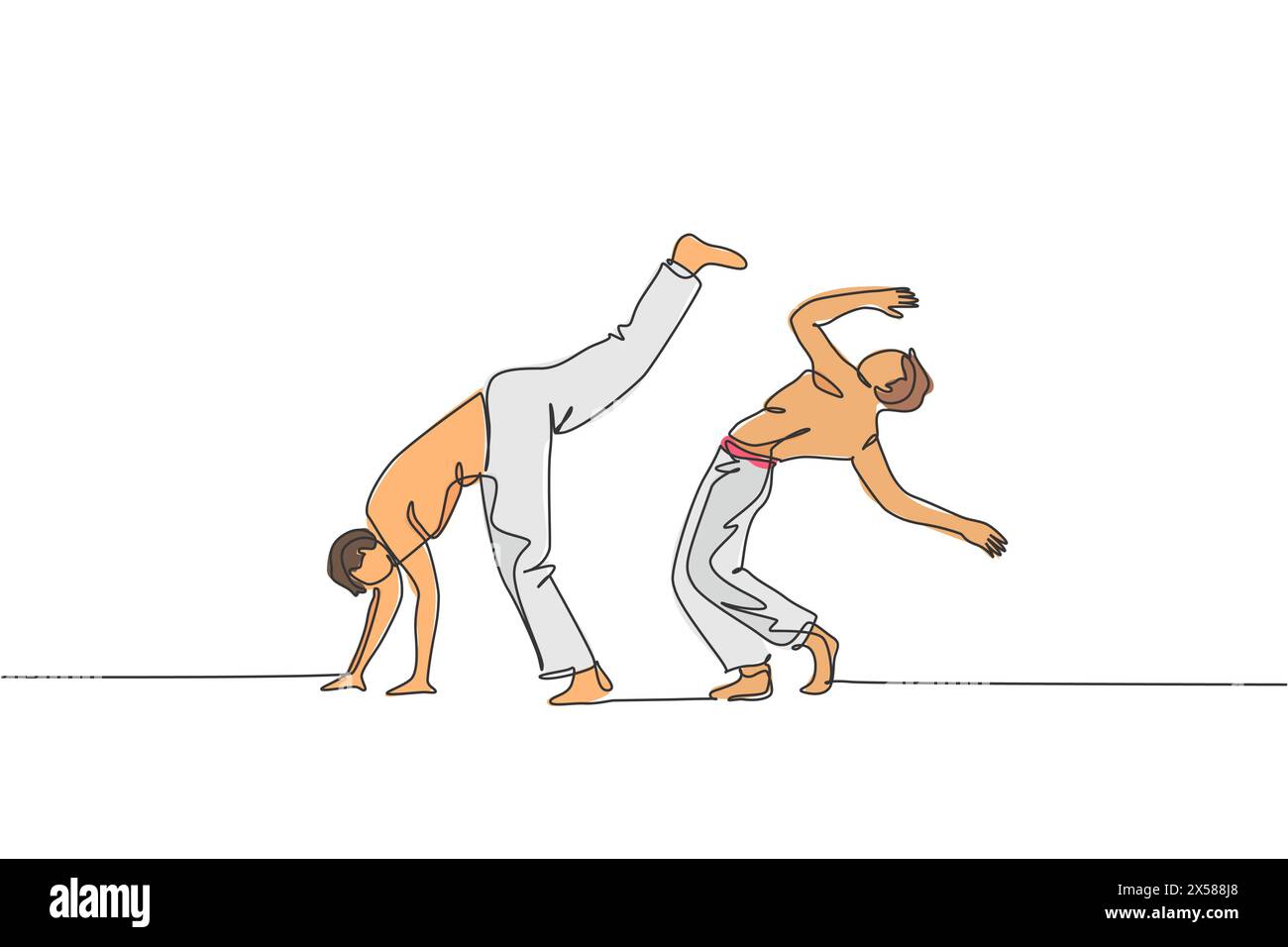 One single line drawing of two young energetic man capoeira dancers perform dancing fight vector ...