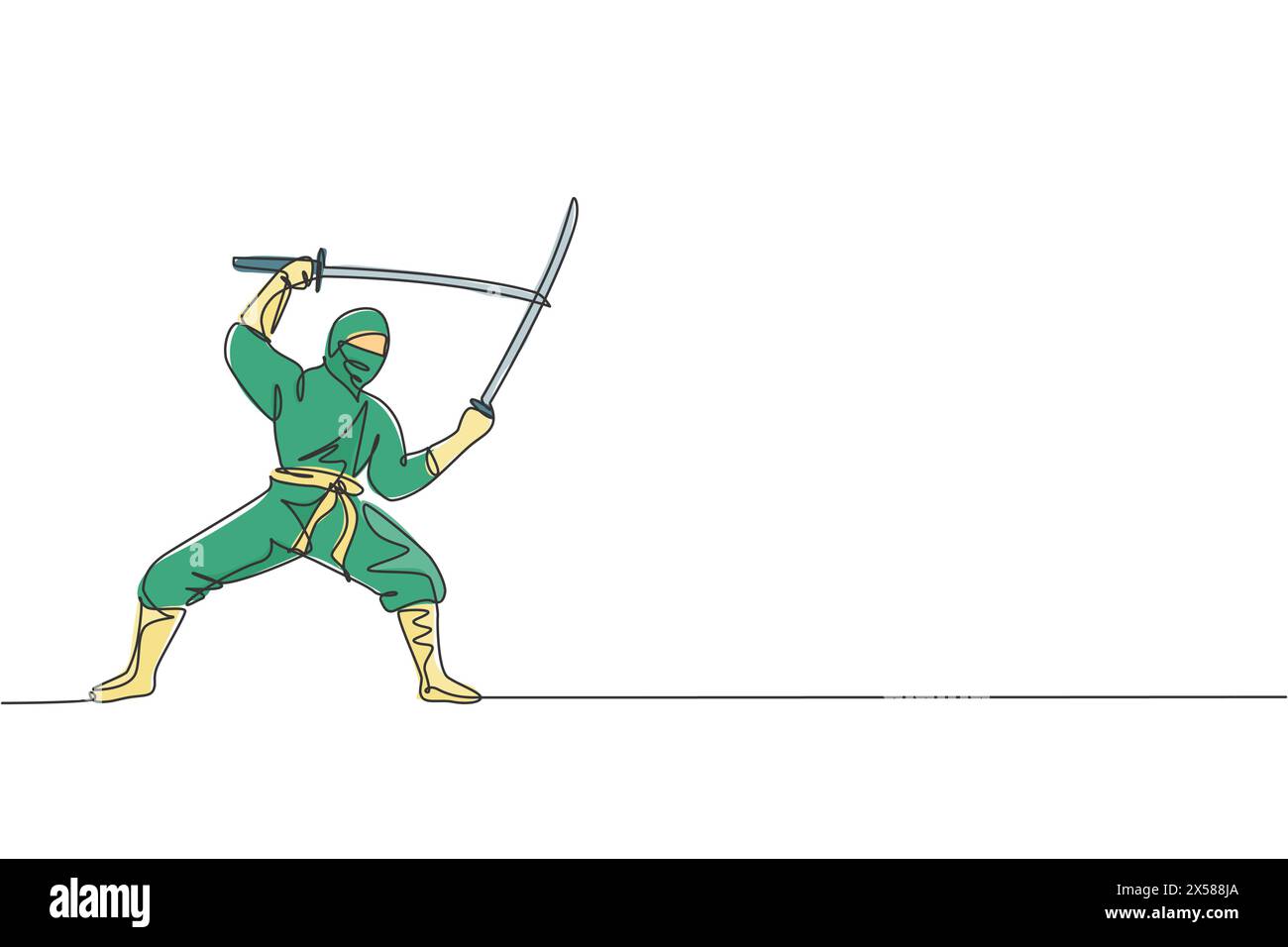 One single line drawing of young energetic Japanese traditional ninja ...