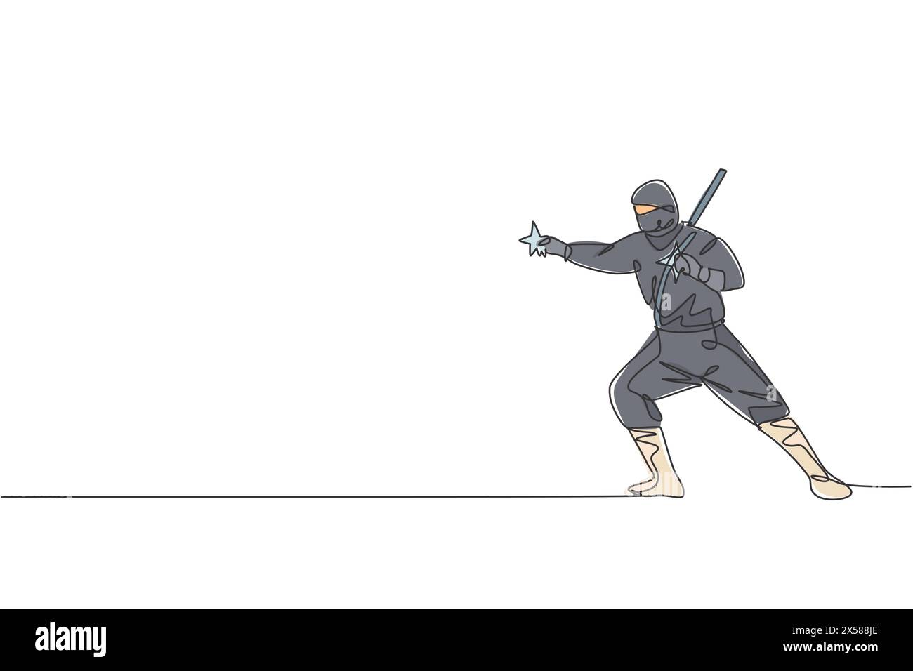 One continuous line drawing of young brave Japanese ninja character on ...