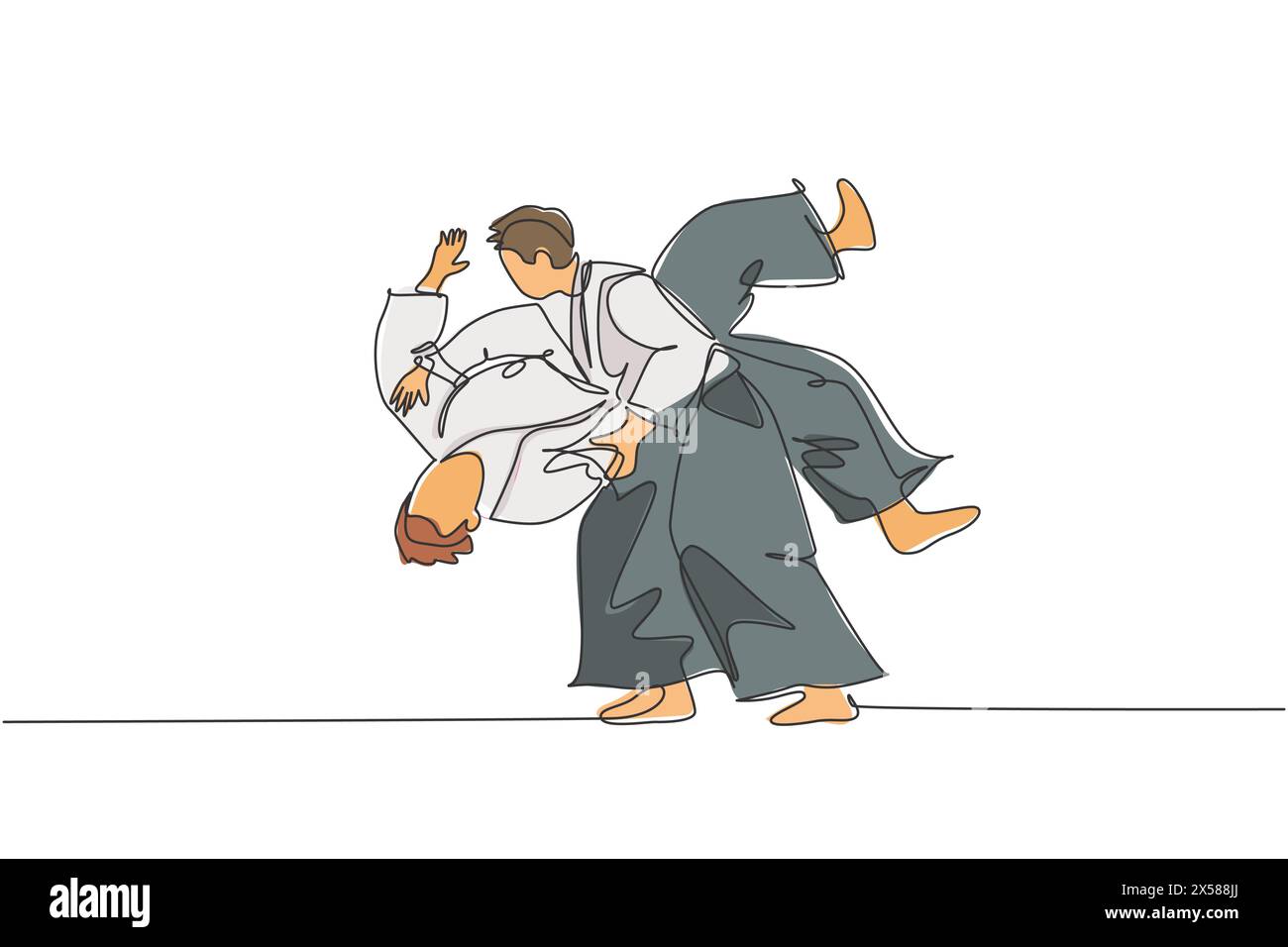 Single continuous line drawing of two young sportive man wearing kimono ...