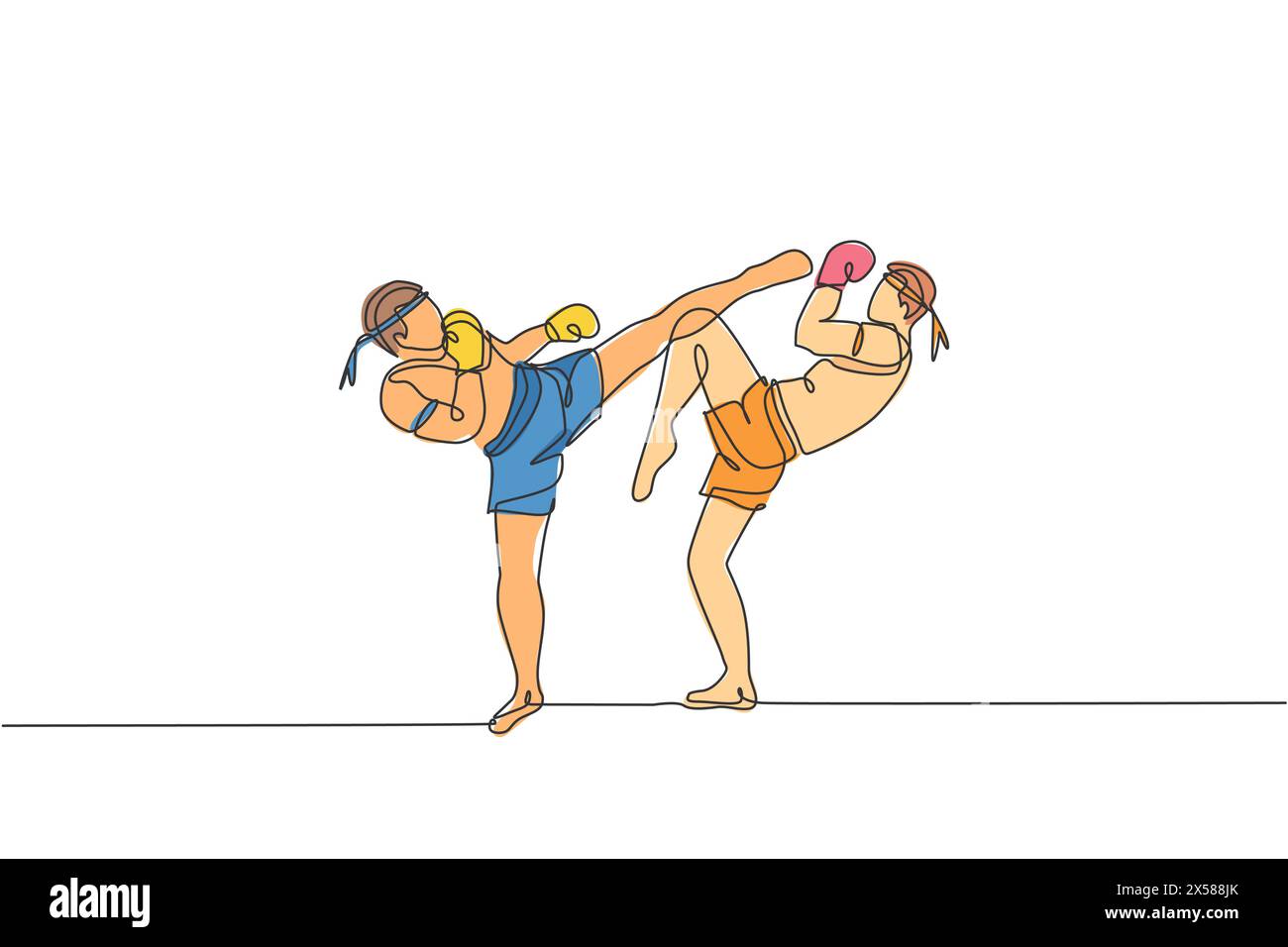 Single continuous line drawing of two young sportive men training thai ...
