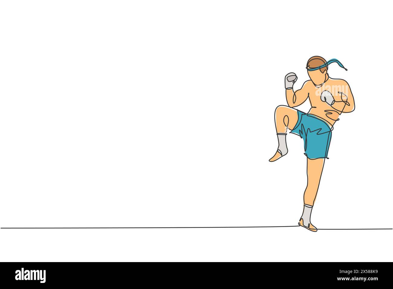 One single line drawing of young energetic muay thai fighter man ...