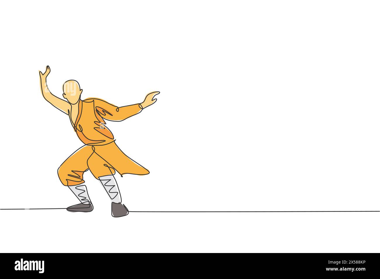 Single continuous line drawing young muscular shaolin monk man train ...
