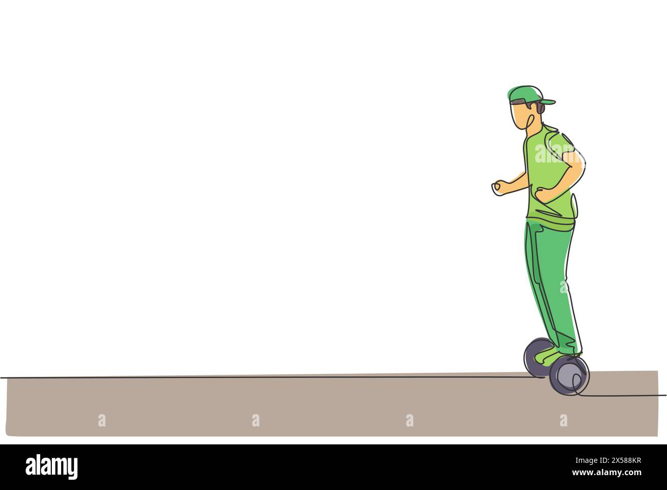 One single line drawing of young energetic man riding hoverboard at ...