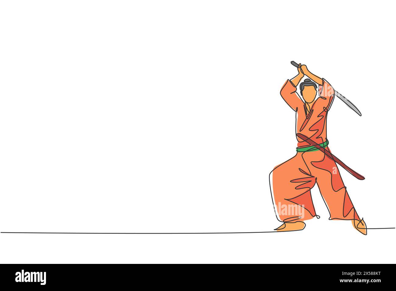 One single line drawing of young Japanese samurai warrior holding ...