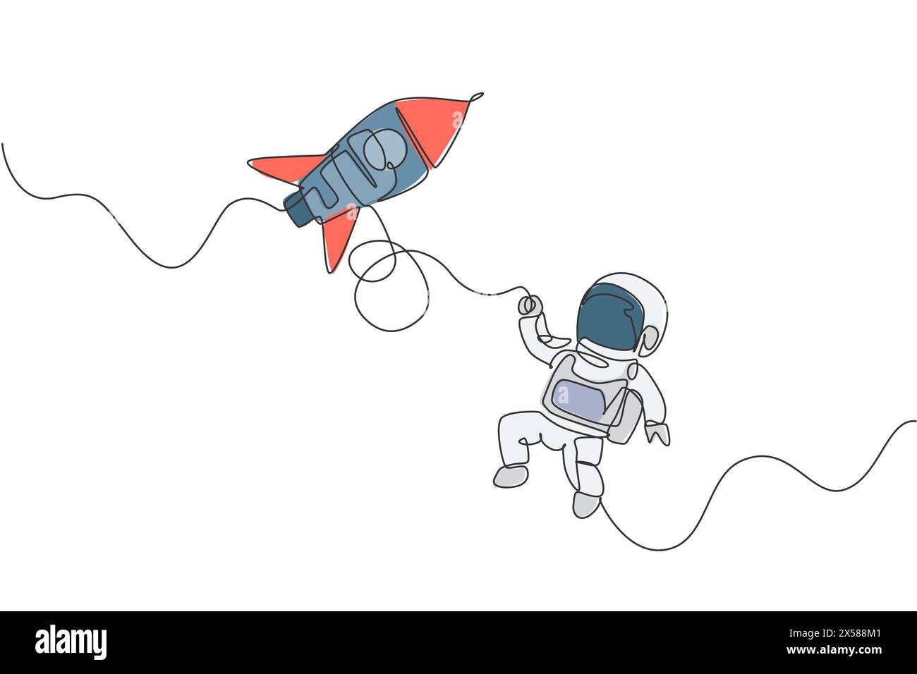 One single line drawing of astronaut in spacesuit floating and ...
