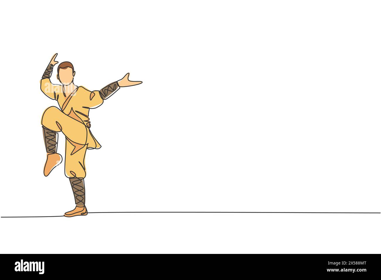 One single line drawing young energetic shaolin monk man exercise kung ...