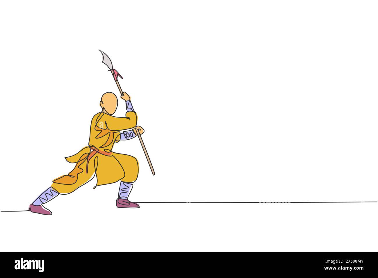 One single line drawing of young energetic shaolin monk man exercise fighting with spear at ...