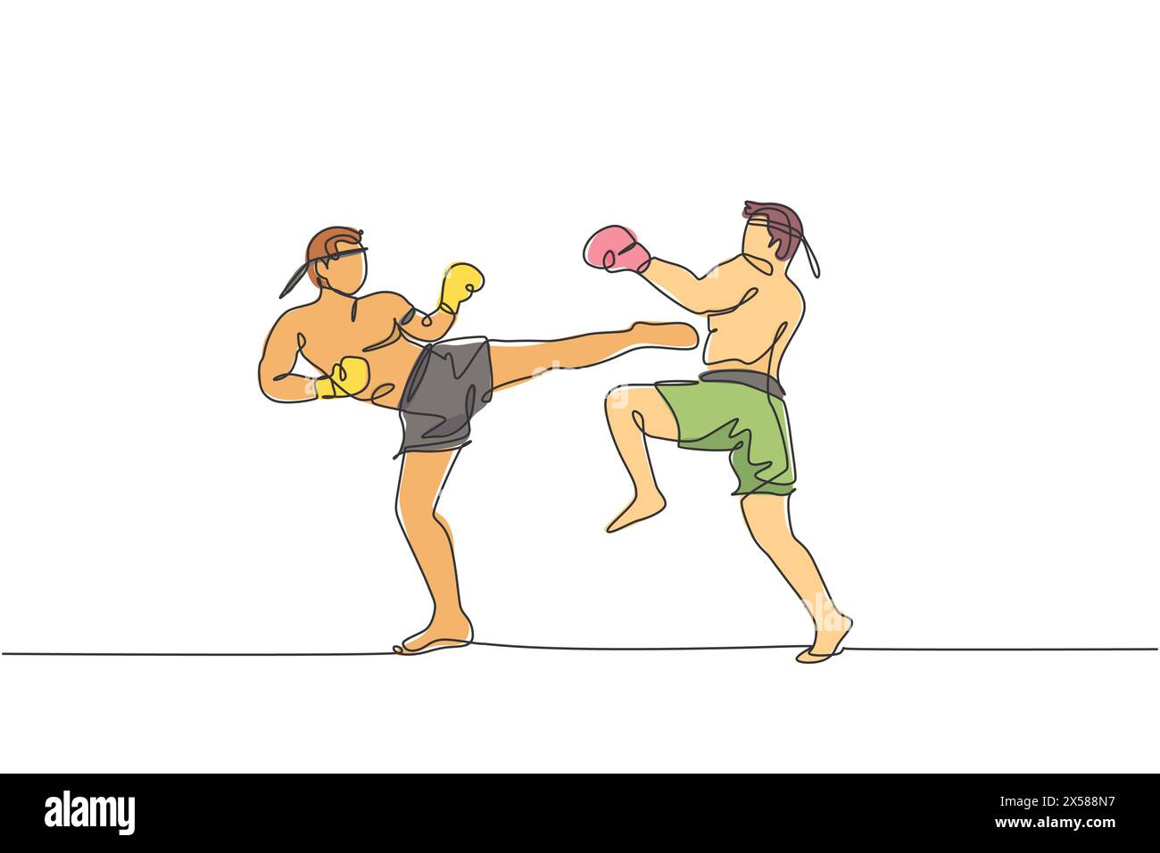 One continuous line drawing of two young sporty muay thai boxer men ...