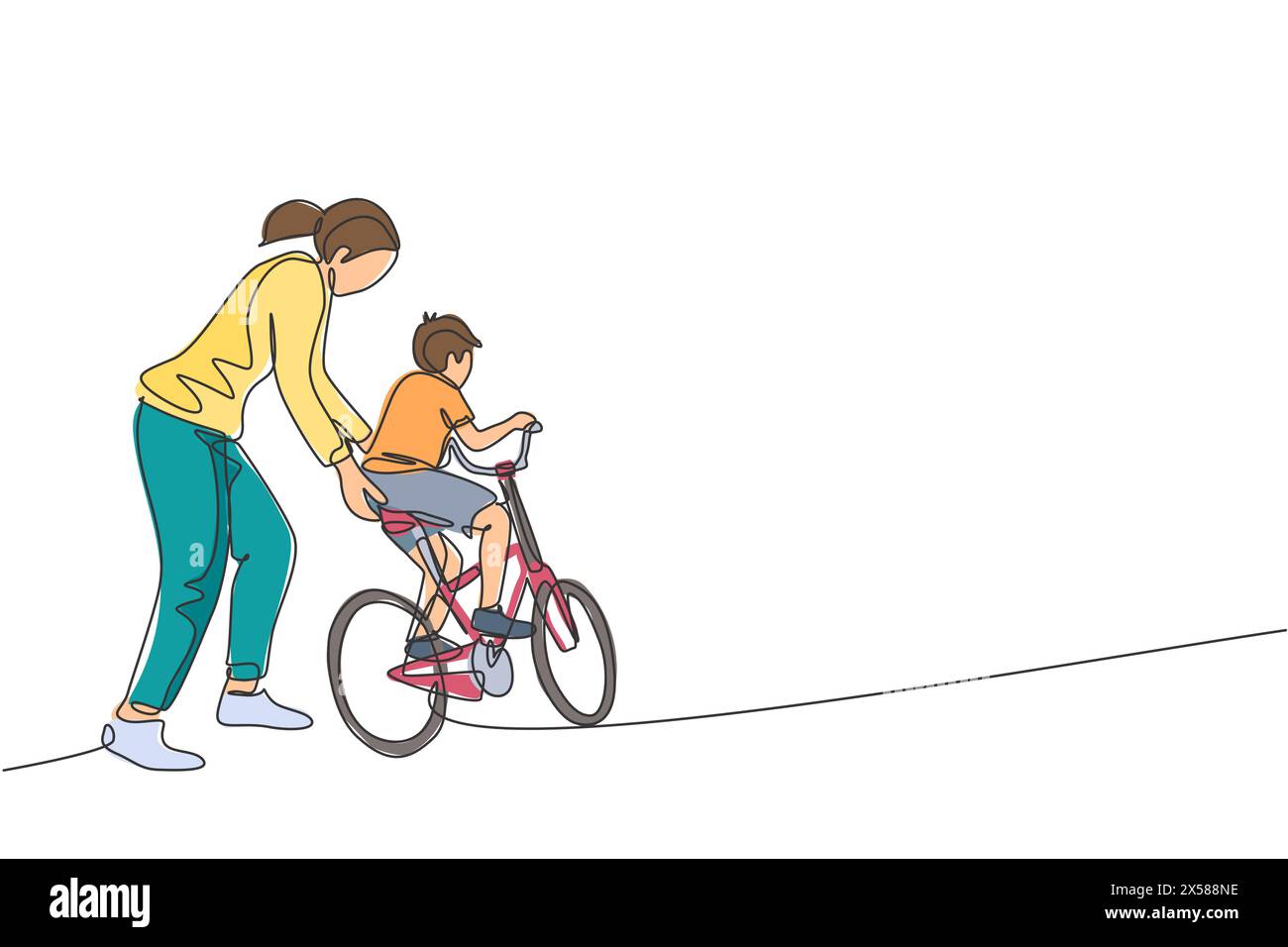 One single line drawing of young mother teaching her son riding bicycle ...