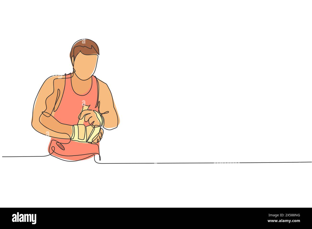 One continuous line drawing of young sporty man kickboxer athlete wrap ...