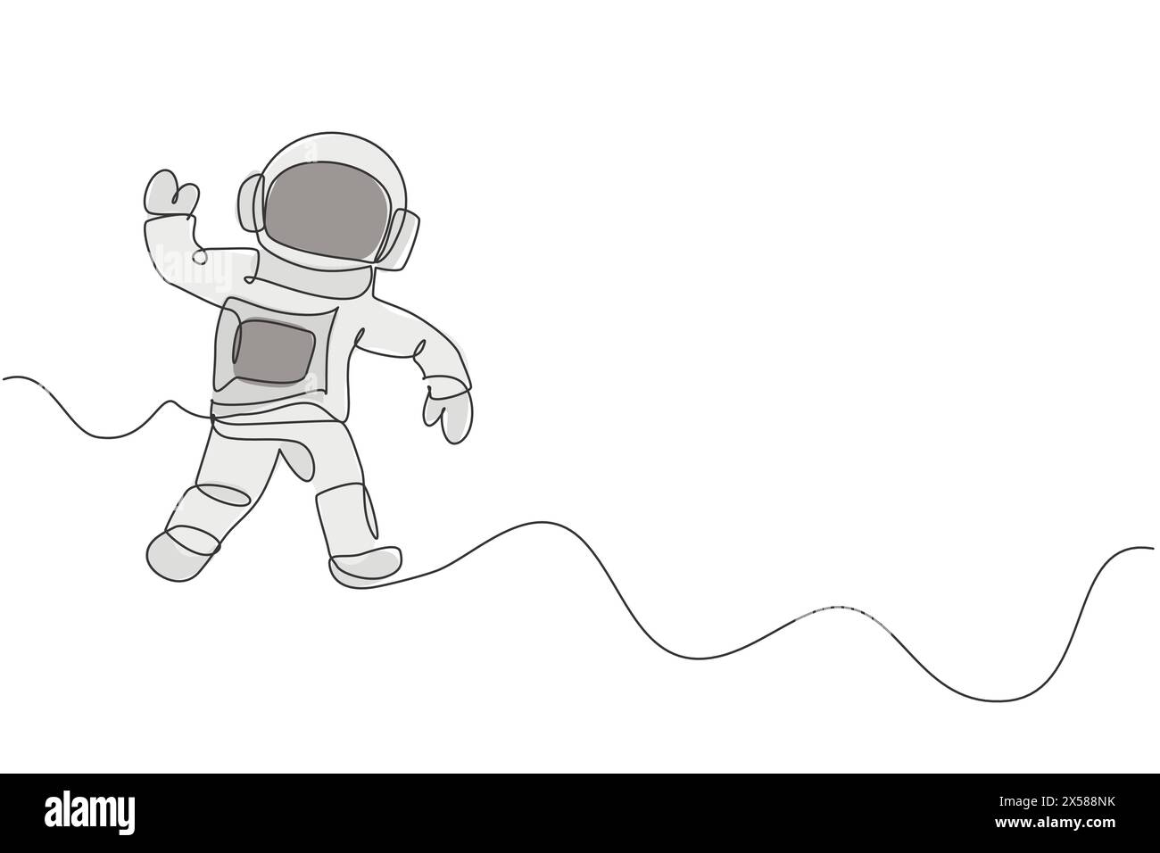 One continuous line drawing of young astronaut scientist exploring outer space in retro style ...