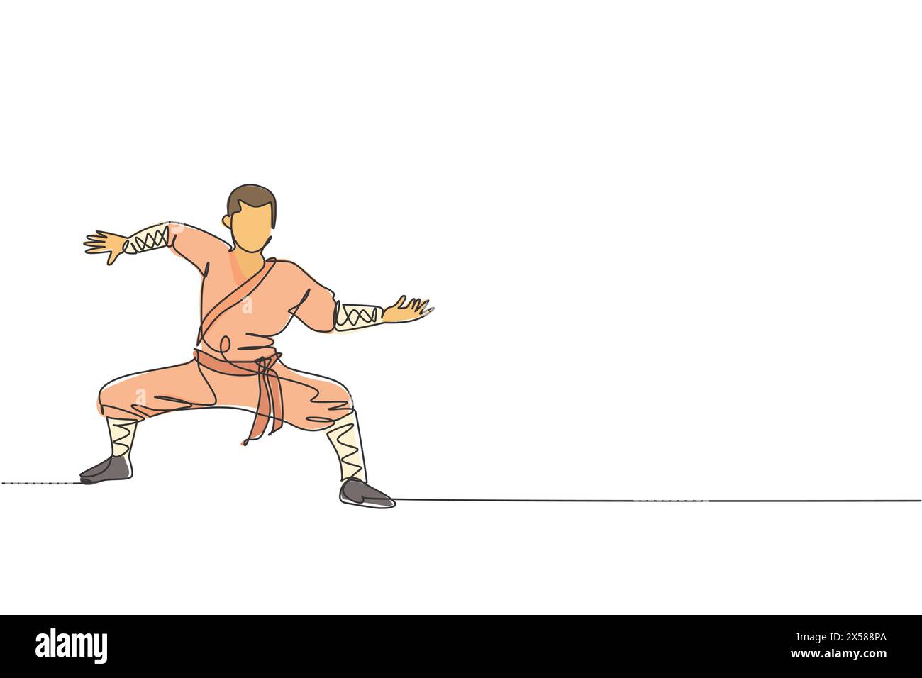 One continuous line drawing of young shaolin monk man practice kung fu ...