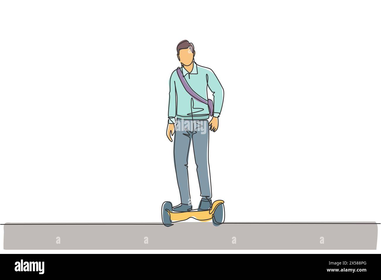 One continuous line drawing of young happy worker man stand and ride ...