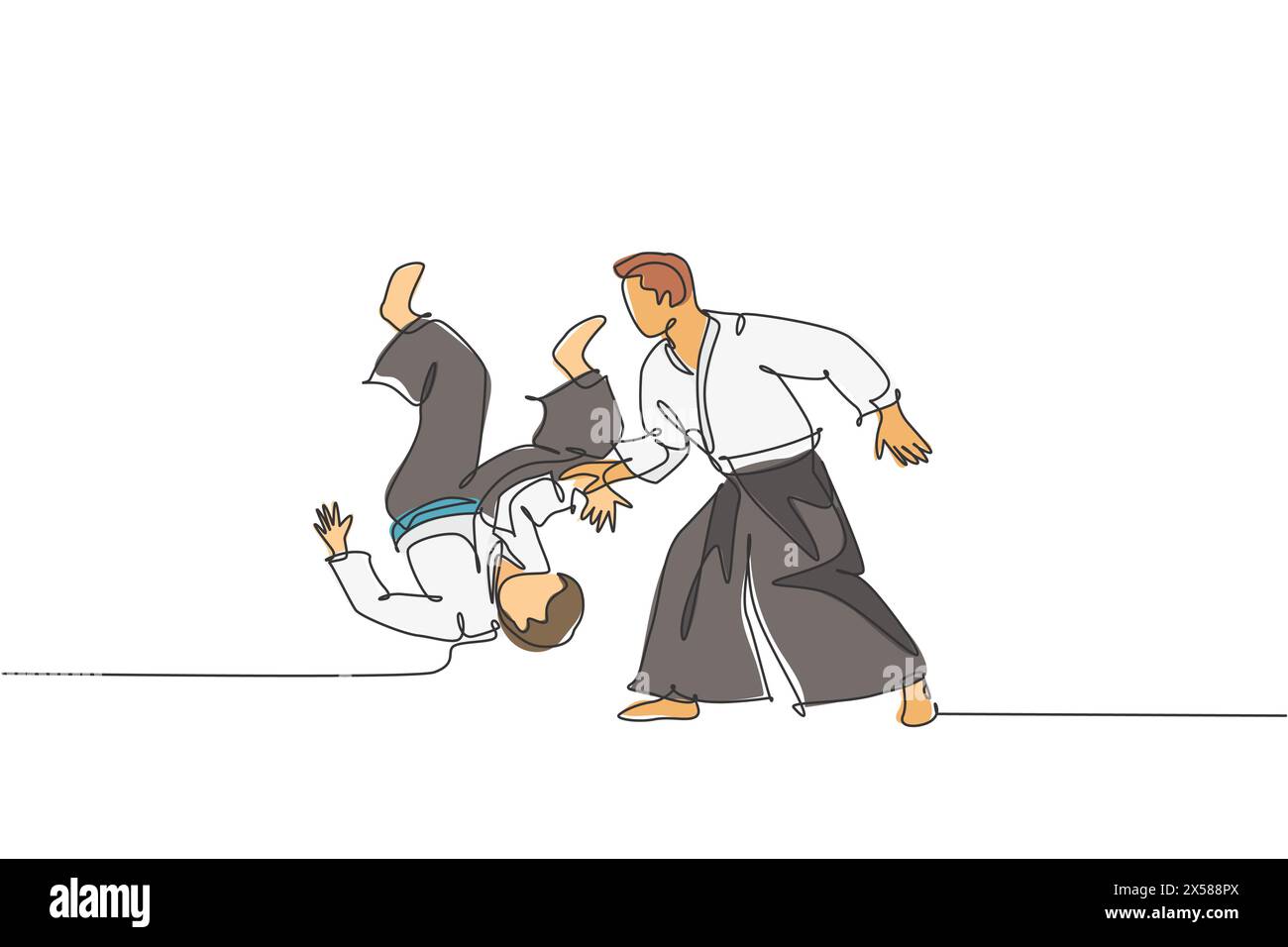 One continuous line drawing of young man aikido fighter practice ...