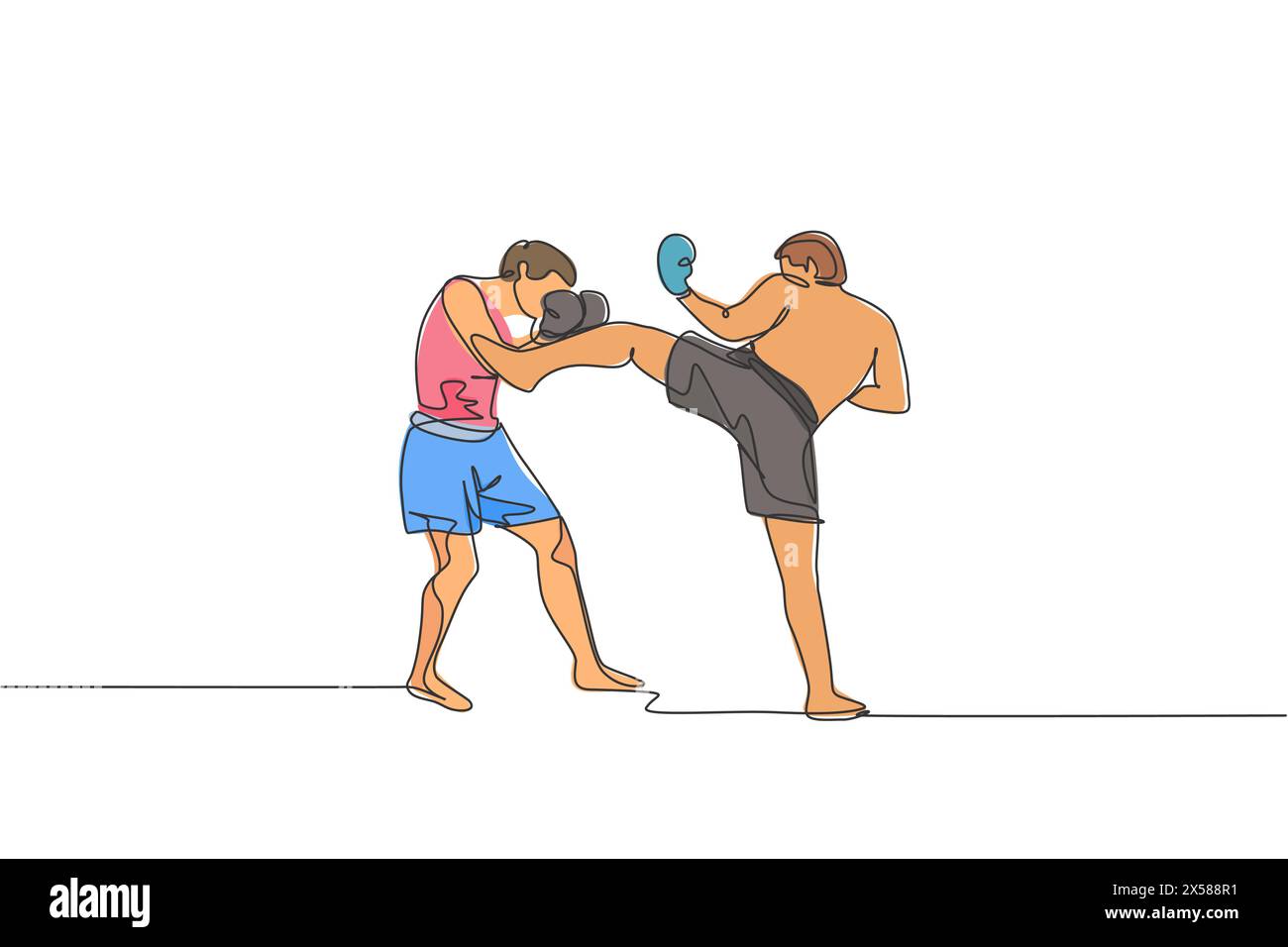 Single continuous line drawing of young sportive man kickboxer fight in ...